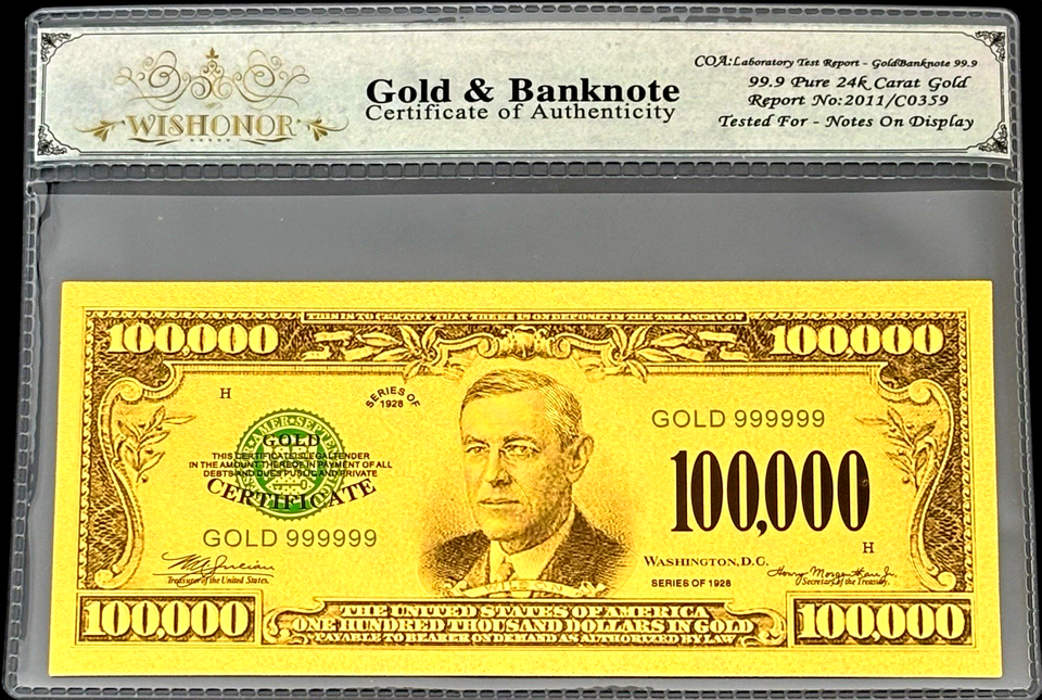 LOT X 2 $100,000 BILL US 24K GOLD BANKNOTES IN PROTECTIVE SLEEVE W COA ...