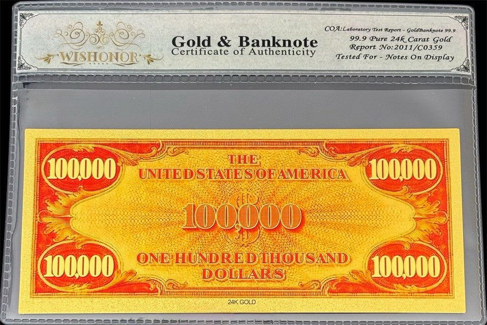 LOT X 2 $100,000 BILL US 24K GOLD BANKNOTES IN PROTECTIVE SLEEVE W COA ...
