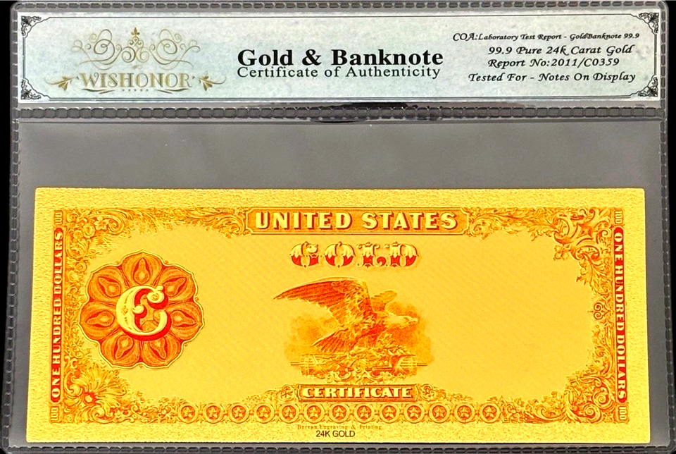 LOT X 2 1882 $100 GOLD CERTIFICATE US 24K GOLD BANKNOTES IN PROTECTIVE ...