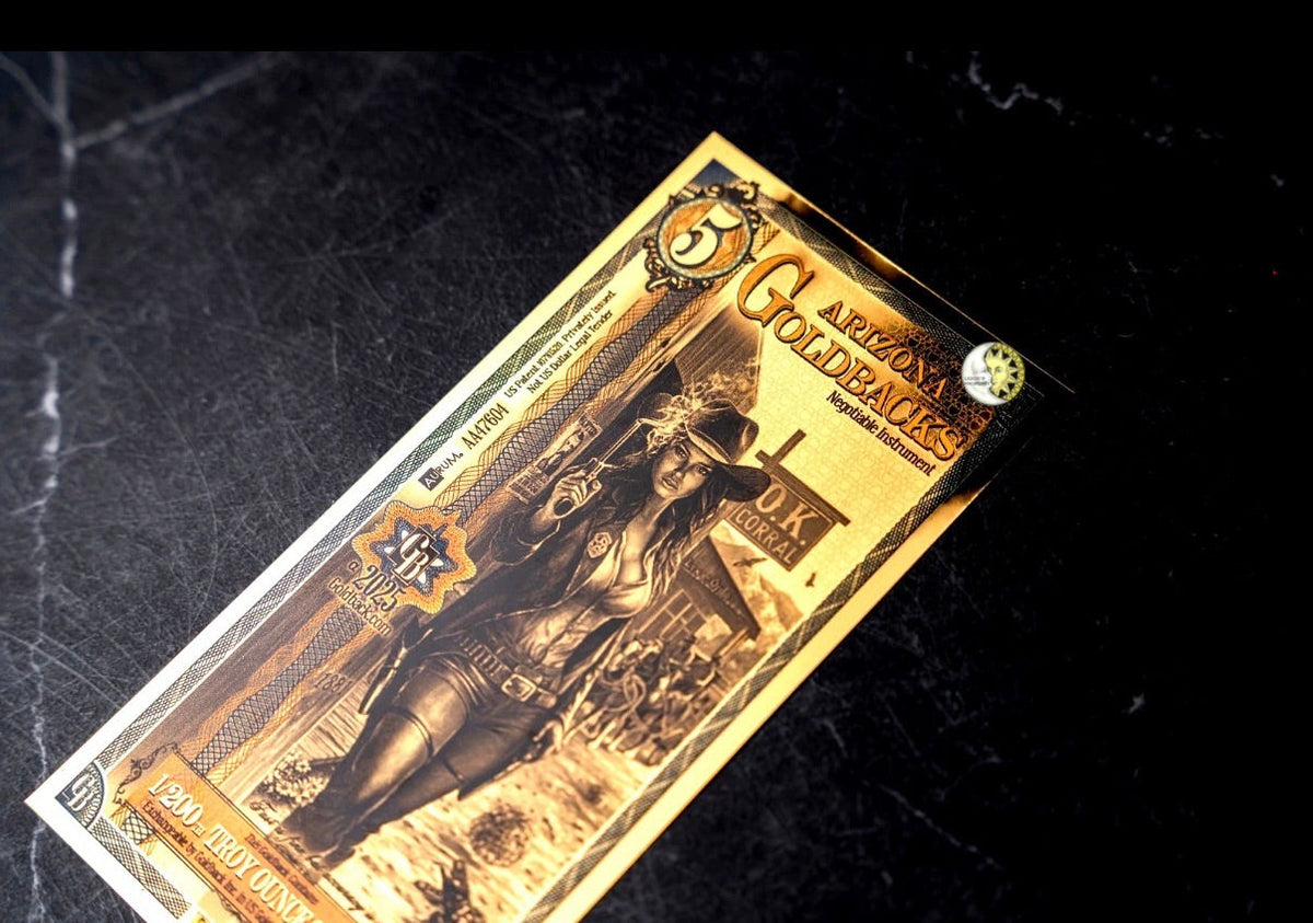 5 ARIZONA ALPHA GOLDBACK AURUM 24K GOLD NOTE 1/200 OZ .999 GOLD BU ...