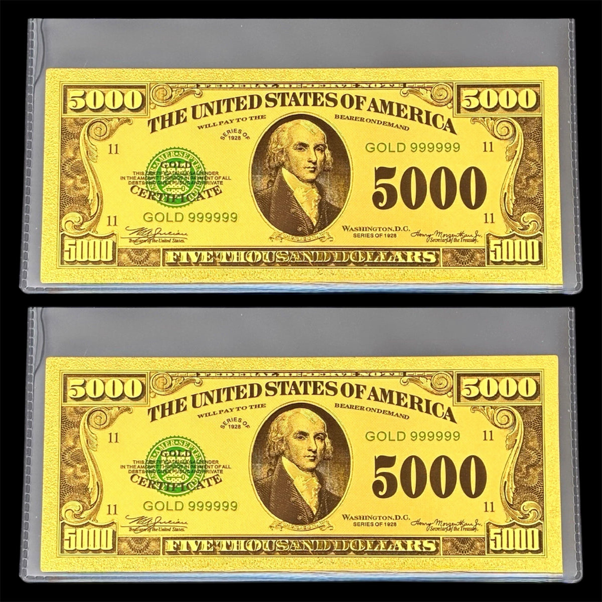 LOT X 2 $5000 BILL US BANKNOTES IN PROTECTIVE SLEEVE W COA - 99.9% 24K ...