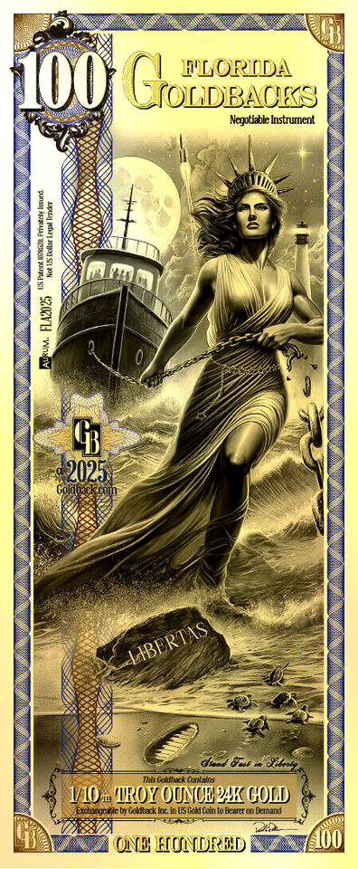100 FLORIDA GOLDBACK AURUM 24KT GOLD FOIL NOTE BU 1/10TH OZ .999 FINE ...