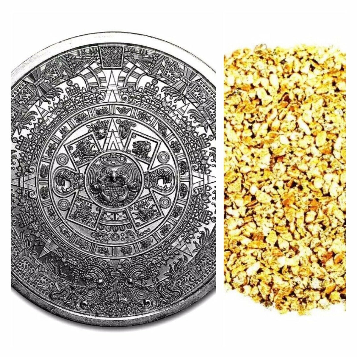 1 TROY OZ .999 SILVER AZTEC CALENDER BU + 50 PIECE ALASKAN PURE GOLD N ...