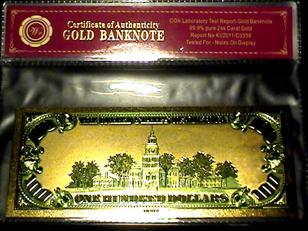 99.9% 24K GOLD 1928 $100 GOLD CERTIFICATE BILL US BANKNOTE IN PVC W CO ...