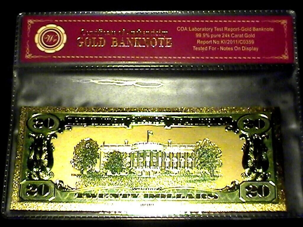 99.9% 24K GOLD 1928 $20 GOLD CERTIFICATE BILL US BANKNOTE IN PVC SLEEV ...